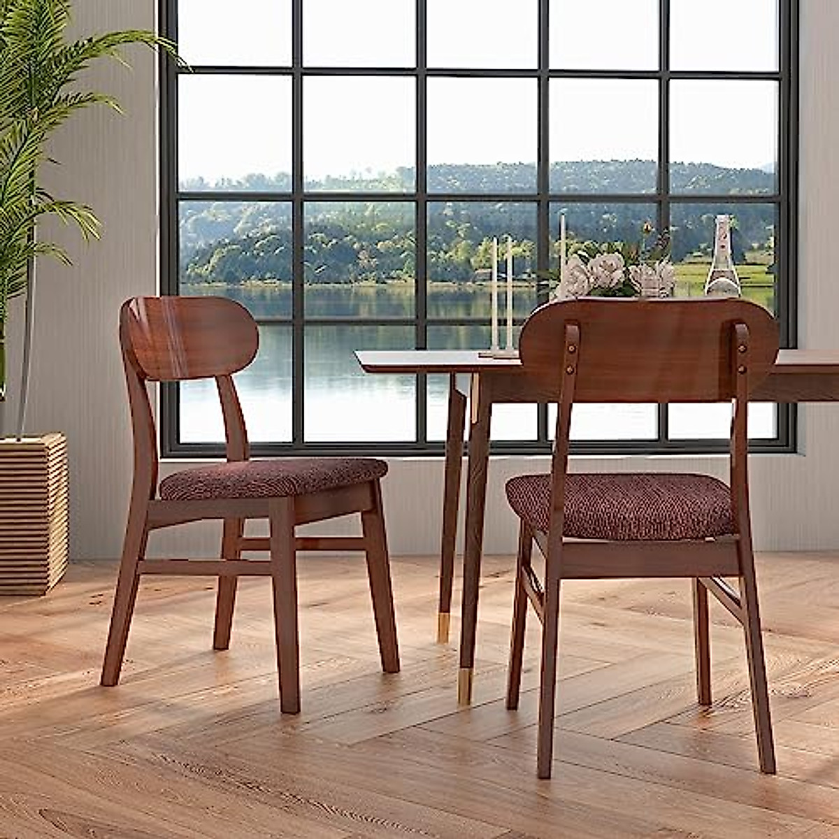 Giantex Wooden Dining Chairs Set of 2 Walnut, Farmhouse Kitchen Chairs with Padded Seat, Rubber Wood Frame, Armless Mid-Century Dining Room Chair with Curved Back, Walnut