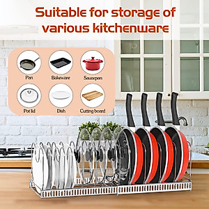 Housolution Pot and Pan Organizer Rack for Cabinet, Stainless Steel Expandable Pot Lid Organizer with 14 Adjustable Dividers, Pot and Pan Holder Rack Storage Organizer for Kitchen, Silver