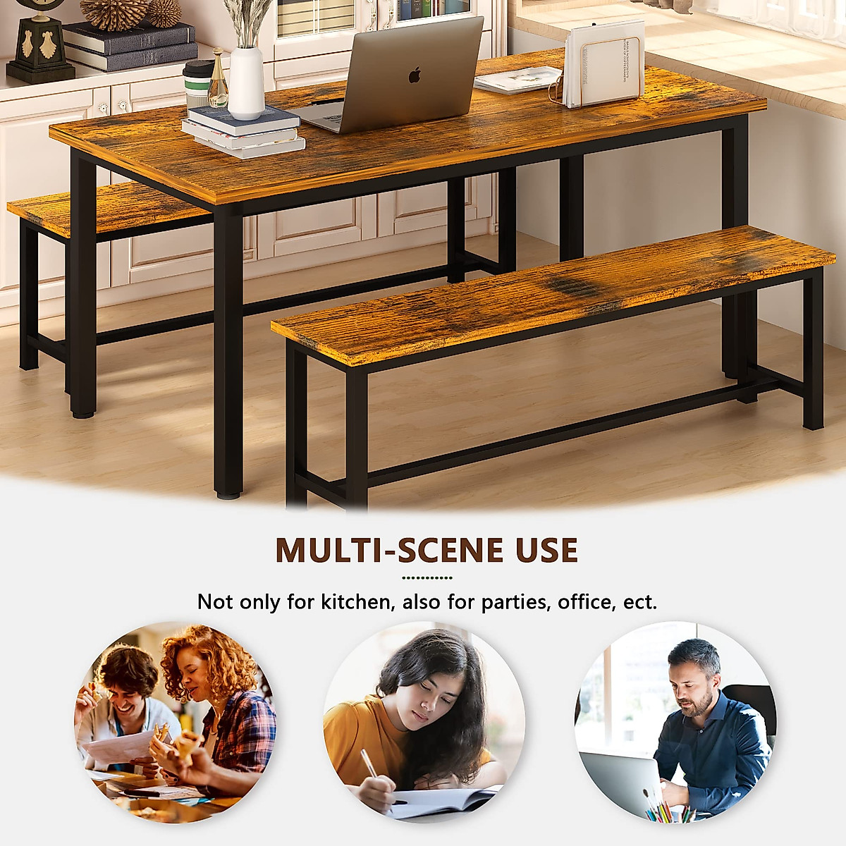 AWQM Dining Table Set with Two Benches, Kitchen Table Set for 4-6 Persons, Kitchen Table of 47.2x28.7x28.7 inches, Benches of 40.5x11.0x17.7 inches, Rustic Brown