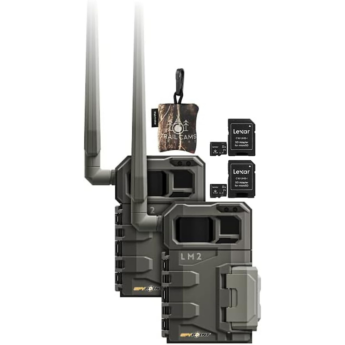 SPYPOINT LM2 Twin Pack Cellular Trail Camera - 20MP Photos, Infrared Game Night Vision Photos, 90' Flash Trail Camera & Detection Range + SD Cards + Spudz Microfiber Cloth (LM2-V)