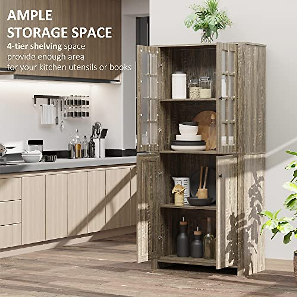 HOMCOM 71" Freestanding Kitchen Pantry Cabinet with Glass Door and Shelves, Tall Cupboard for Dining Room, Living Room, Natural