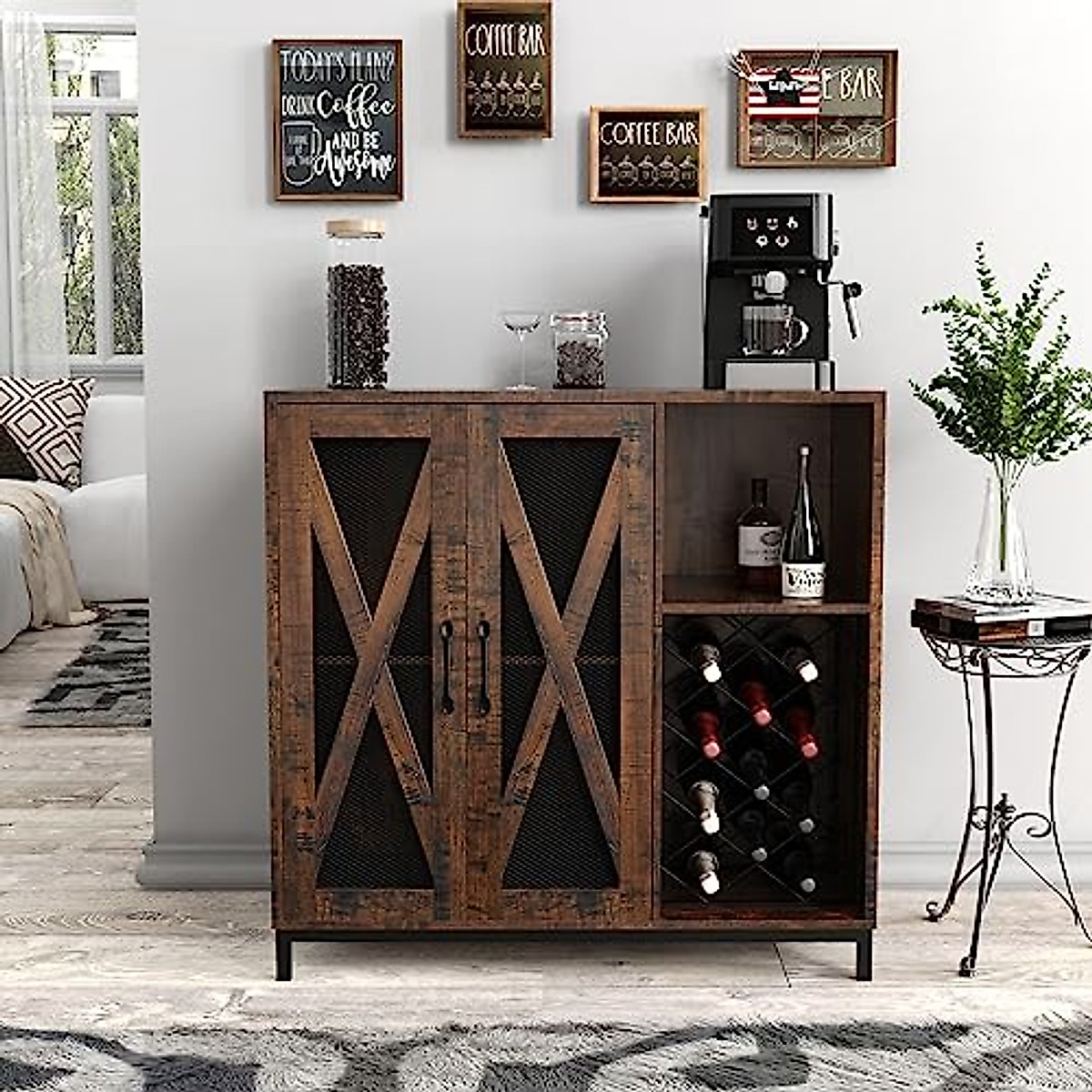 FROMJBEST Wine Bar Cabinet, Industrial Coffee Bar Cabinet with 2 Door and Shelf, Glass Holder, Accent Storage Cabinet, Buffet Sideboard for Dining Room, Kitchen