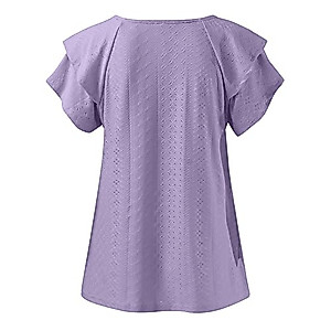 Spring and Summer New Short Sleeve V Neck Shrink Pleated Solid Color Loose Tee Shirt Top Purple