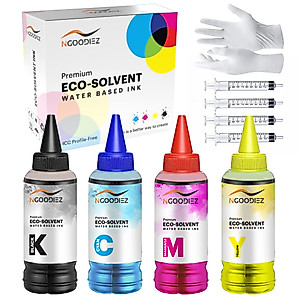 NGOODIEZ Eco Solvent Ink - Water Based Printer Ink, Fast Drying Refill Ink Bottle for Epson EcoTank, & WF Series Printers - Ideal for HTV, Vinyl Stickers, Decals, T-Shirts, Mugs (1B/1C/1Y/1M, 400ml)