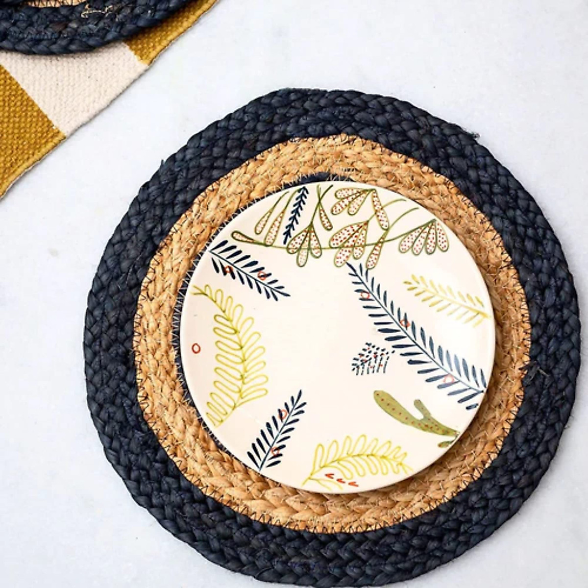 Round Handmade Jute Wicker Placemat, Natural Woven Rustic Dining,m Kitchen Placemat Table Mats, Table Decor, Kitchen Decor Gift (Set of 6) (11.81 Inch Approx, Beige & Blue)