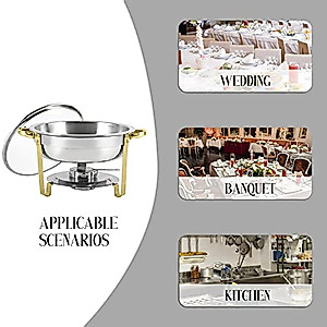 Restlrious Chafing Dish Buffet Set 4 Pack Stainless Steel Round Chafers and Buffet Warmers Set with Glass Lid in Gold Accents, 5QT Complete Set for Buffet Catering w/Water and Food Pan, Fuel Holder