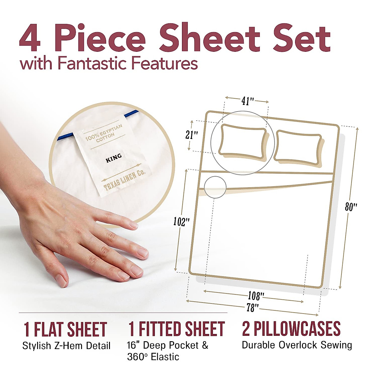 TEXAS LINEN CO. 800 TC Egyptian Cotton Sheets - 4 Piece Navy Blue King Size Cooling Sheet for Hot Sleepers, Luxury Egyptian Cotton Bedsheet, Sateen Hotel Sheets, Fits Mattress Upto 18'' DEEP Pocket