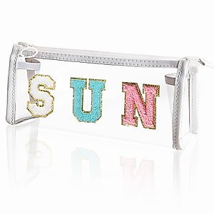 Stanaway Clear Pencil Bag Preppy- Chenille Varsity letter Cosmetic Bag Classy Waterproof Portable Transparent PVC Zipper Clutch Bag Pencil Bag for Home Storage Organizing, Office, Vacation, Travel