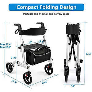 Healconnex Rollator Walkers for Seniors-Folding Rollator Walker with Seat and Four 8-inch Wheels-Medical Rollator，White