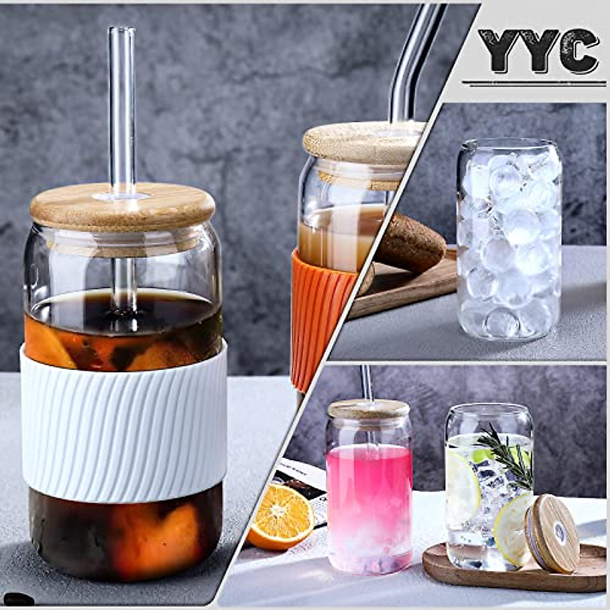 YYC Glass Cups with Lids and Straws 4pcs[Coffee Accessories Gifts],16oz Iced Coffee Cups with Lids-Beer Can Glass with Lids and Straw,Cute Glass Cups Drinking Glasses Set w Silicone Sleeve/Stickers