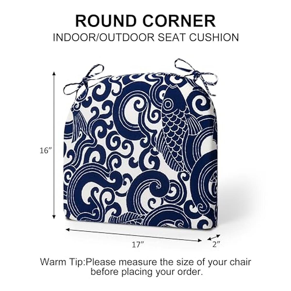 LOVTEX Outdoor Chair Cushions Set of 4, Outdoor Patio Chair Cushions with Ties,Waterproof Chair Cushions for Outdoor Furniture, 17 x 16 x 2 inch, Blue Carp