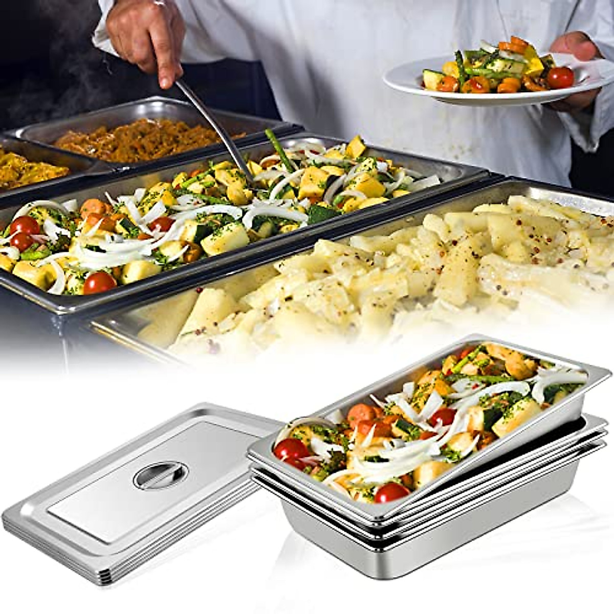 ZeroPone Hotel Pan 4" Deep Steam Table Pan 4 Pack Full Size with Lid 20.8"L x 12.8"W Hotel Pan 22 Gauge Stainless Steel Anti Jam Steam Table Pan