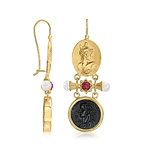 Ross-Simons Italian Tagliamonte Black Onyx and .60 ct. t.w. Ruby Drop Earrings With Cultured Pearls in 18kt Gold Over Sterling