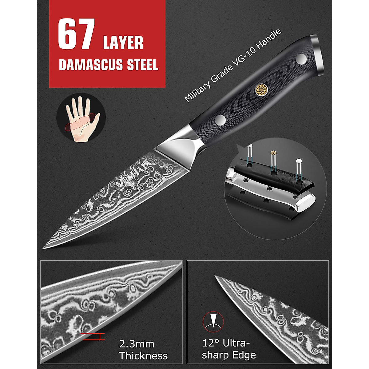 MOSFiATA Kitchen Knife ，Damascus paring Knife 3.5 inch Fruit Knife