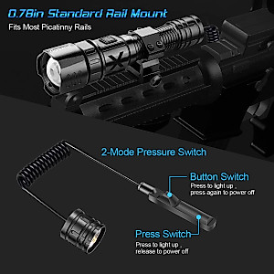 Garberiel XHP70 Tactical Flashlight for Rifle with Pressure Switch, 10000 Lumens Bright USB Rechargeable Picatinny Rail Mount Flashlight, Adjust Focus,5 Modes, Waterproof Weapon Light for Outdoor