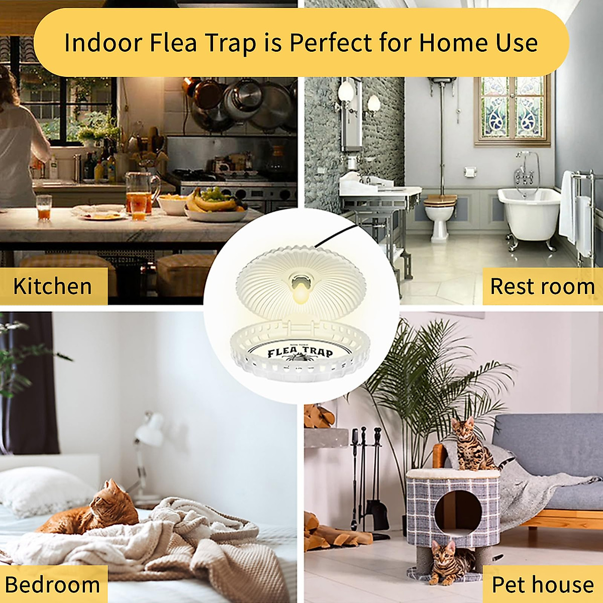 Flea Trap for Inside Your Home, Electric Flea Light, Refillable Flea Traps for Indoor with Refill Including Replacement Sticky Pads and Bulbs, Pet Safe, Pack of 2