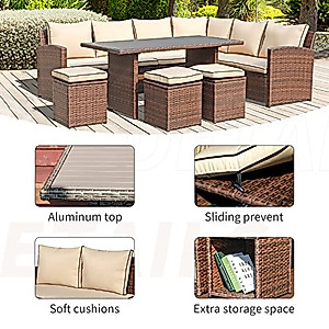 Verano Garden 7 Pieces Patio Furniture Set, Outdoor Patio Dining Sofa Set W/Cushion, Table & Ottoman, Clearance All Weather Outdoor Patio Furniture Set for Deck, Porch, Poolside, Backyard