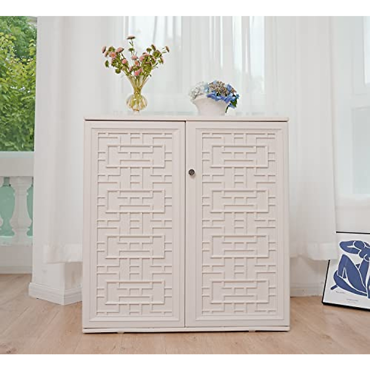 Mrossa Indoor Outdoor Storage Cabinet Waterproof with 2 Shelves,Off White Plastic Outdoor Cabinets for Patio/Garden/Backyard, Size 34.3''L*15''W*36.2''H…