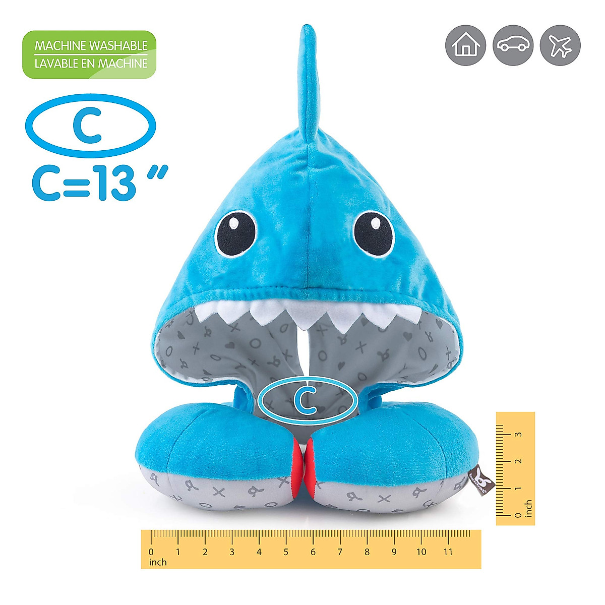 BENBAT Hooded Travel Pillow Neck Support – Soft, Polyester Total Car Seat Head Support for Children 4+ with Magnetic Closure and Ponytail Hole – Machine-Washable Travel Essentials (Shark)