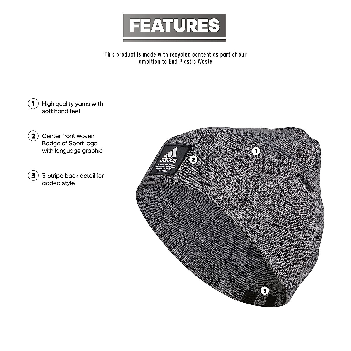 adidas Men's Amplifier Fold Beanie, Carbon-Grey Twist/Black/White F21, One Size