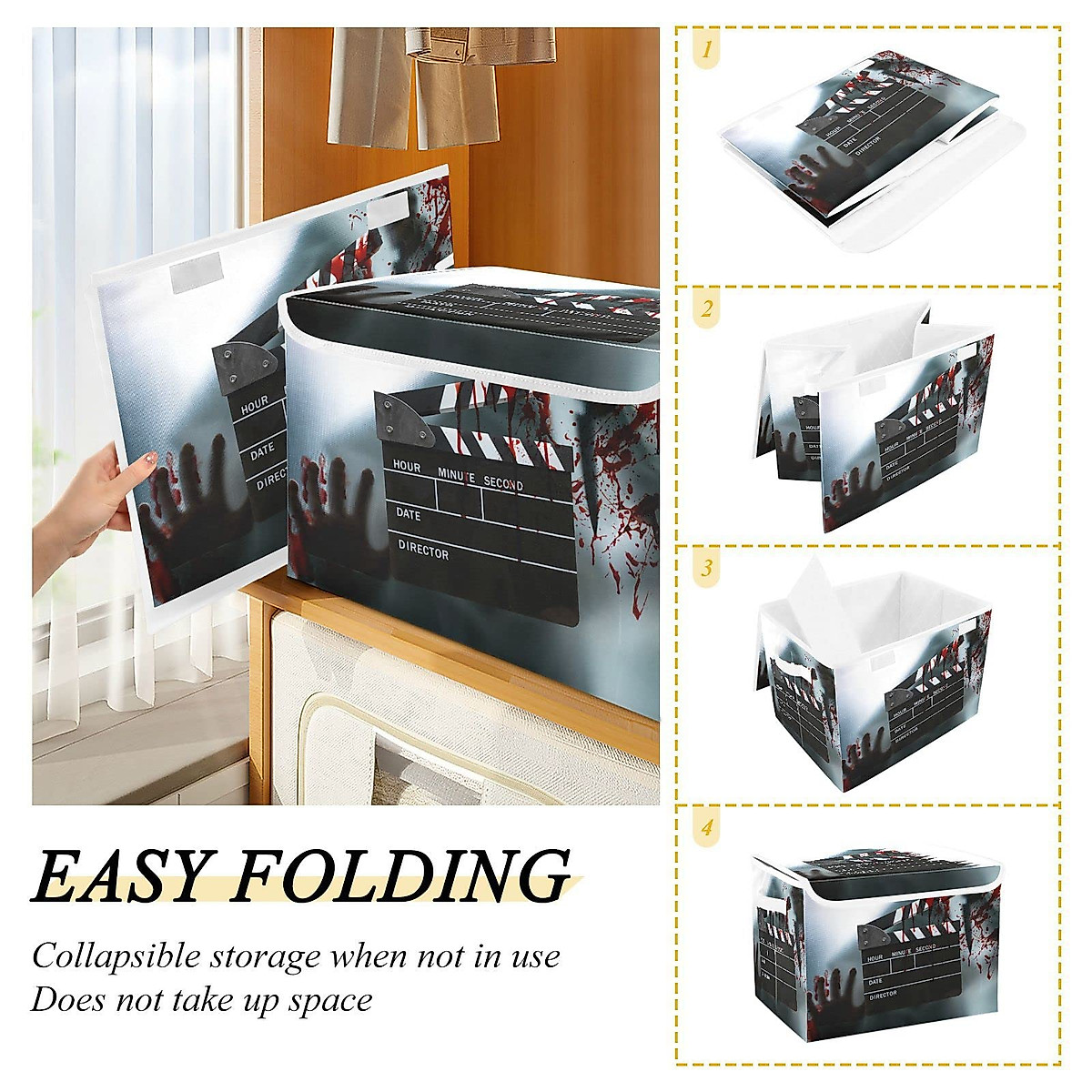 RunningBear Clapperboard Horror Movie Large Storage Bins with Lid Collapsible Storage Bin Toy Bins Fabric Storage for Living Room Office