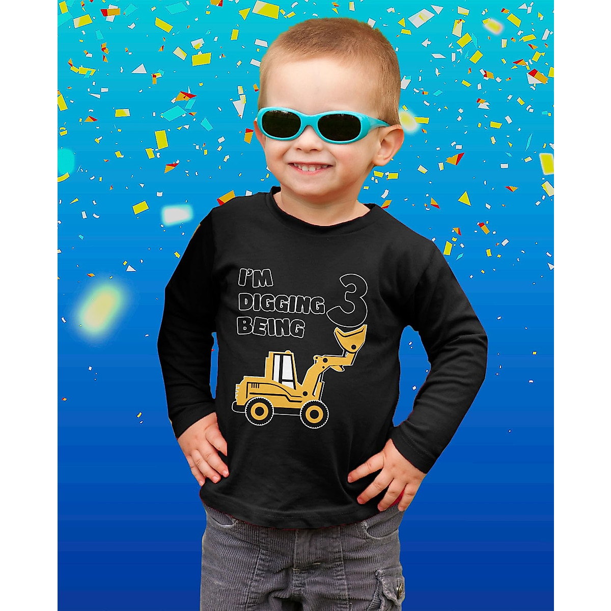 Bulldozer 3rd Birthday Shirt Boy I'm Digging Being 3 Long Sleeve Kids T-Shirt 3T Black