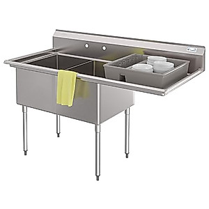 KoolMore 63 in. 18-Gauge 2-Compartment Commercial Sink with Backsplash and 24 in. Right Drainboard, Bowl dimensions 18"x24"x14" in Stainless-Steel (KM-SB182414-24R3)