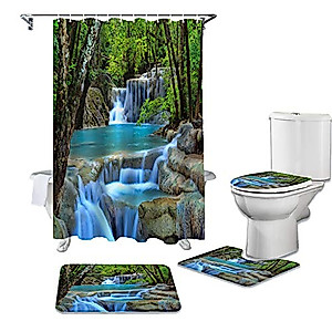 Prime Leader 4 Pcs Shower Curtain Set with 12 Hooks, Mountain Waterfall Tree Landscape Bathroom Decor Sets with Non-Slip Bath Mat Toilet Lid Cover, Durable Waterproof Shower Curtain and Rugs Set
