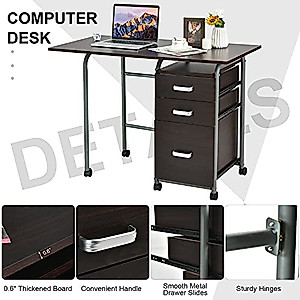 Tangkula Folding Computer Desk with 3 Storage Drawers, Mobile Home Office Desk Study Writing Desk with Smooth Wheels, Space Saving Compact Desk for Dorm Apartment, Rolling Folding Desk Table