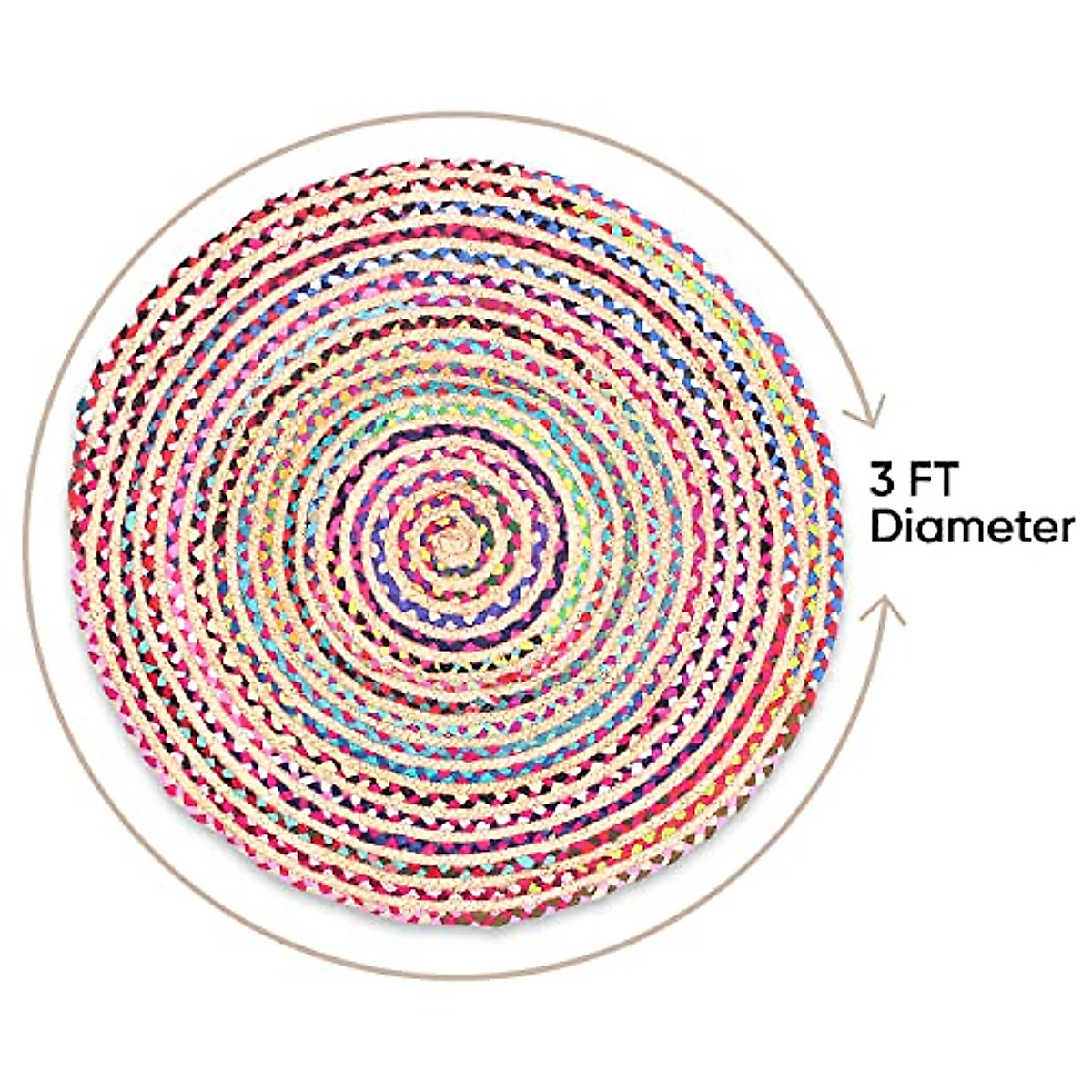 INDIAN ARTISTIC Jute Cotton Multi Chindi Round Rag Rug 3X3' | Hand Woven Rug & Reversible Rug | Cotton Rag Rug | Handmade Multicolored Reversible Braided Rag Rug | Runner Rugs (Round Shape)