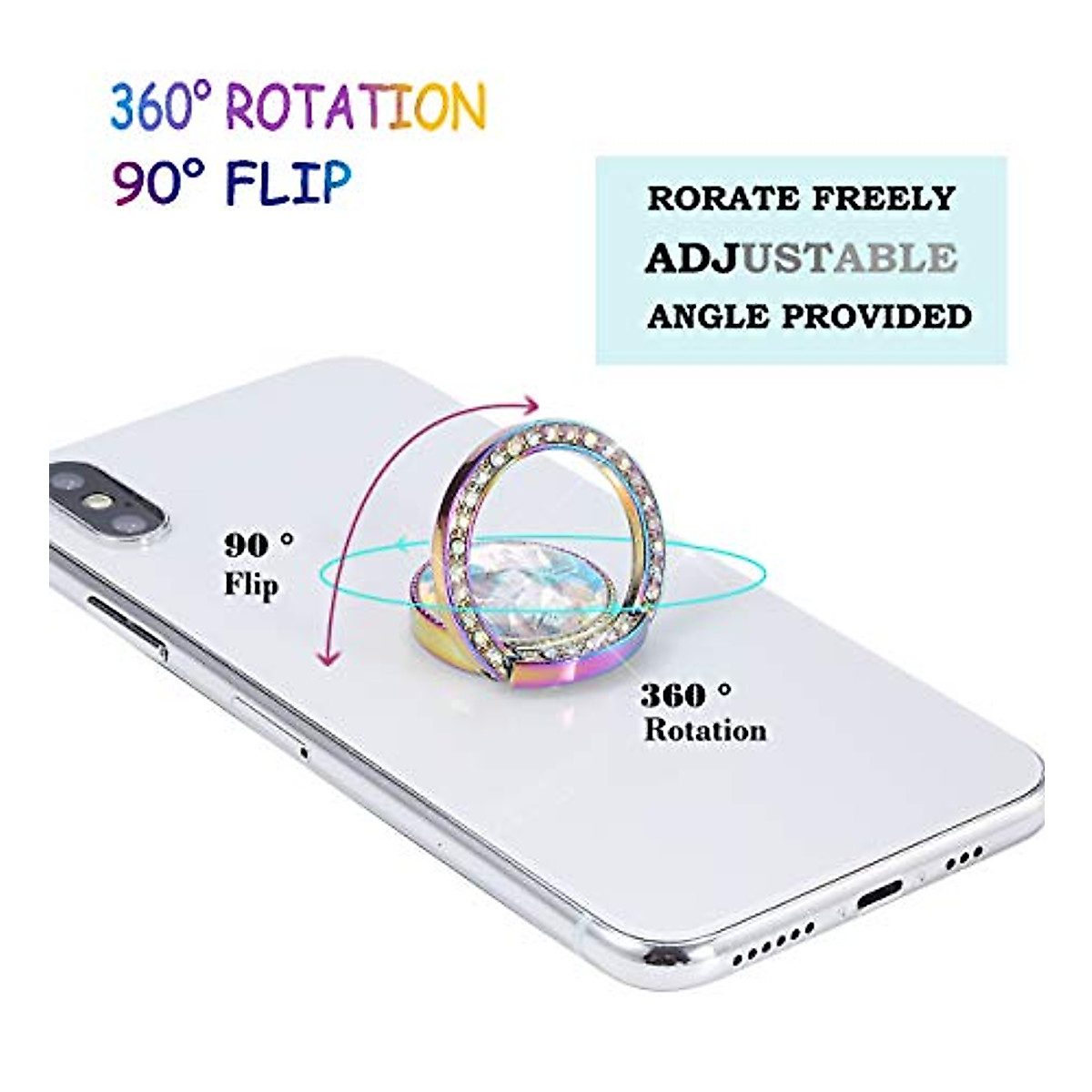 lenoup Iridescent Glitter Bling Bling Phone Ring Holder,Sparkle Phone Ring Artificial Diamond Stand,Rhinestone Cell Phone Finger Ring(Rainbow)