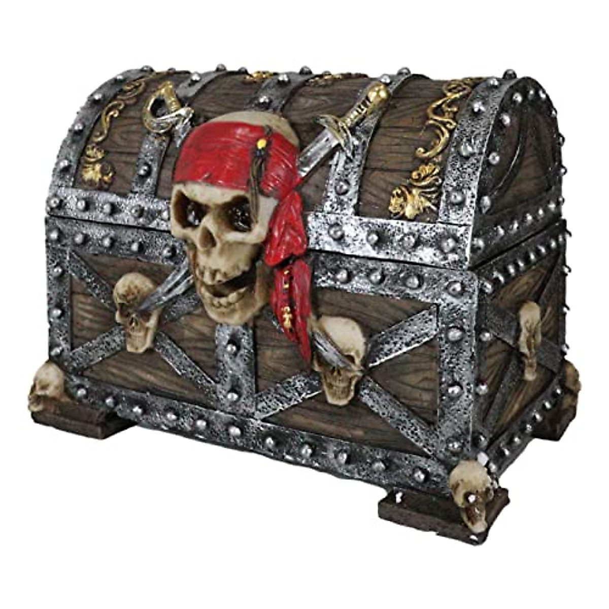 Ebros Large Pirate Ghosts Of The Caribbean Pirate Marauder Skull With Criss Cross Blades Treasure Chest Box Jewelry Box Figurine 7.25"Long