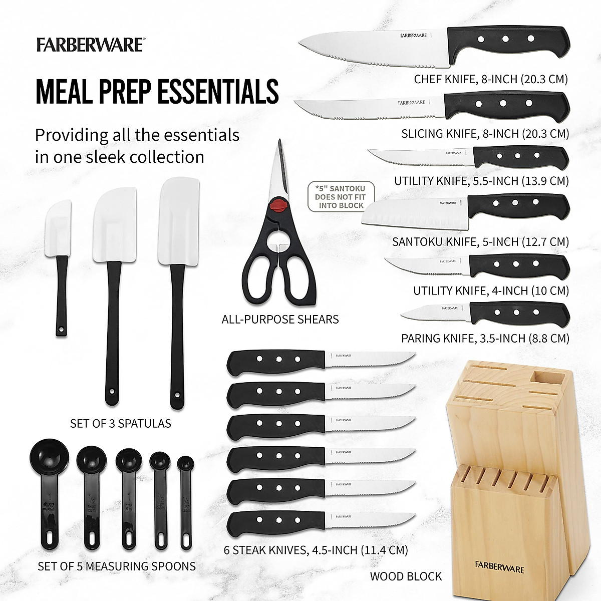 Farberware 22-Piece Never Needs Sharpening Triple Rivet High-Carbon Stainless Steel Knife Block and Kitchen Tool Set, Black
