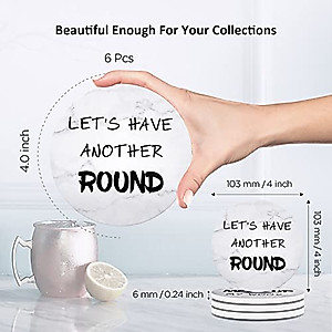 AODAYS Coasters for Drinks with Holder, White Marble-Style Absorbent Round Ceramic Drink Coaster, Bar Coaster with 6 Sayings, Set of 6 with Cork Base (Funny)