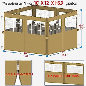 10-ft x 12-ft Gazebo Curtains,Privacy Replacement Full Zippered Sidewall with 2-Panel Universal Shade Curtains Set,Enclosure Sidewall Kit with Church Window,Protecting Side Walls-Khaki