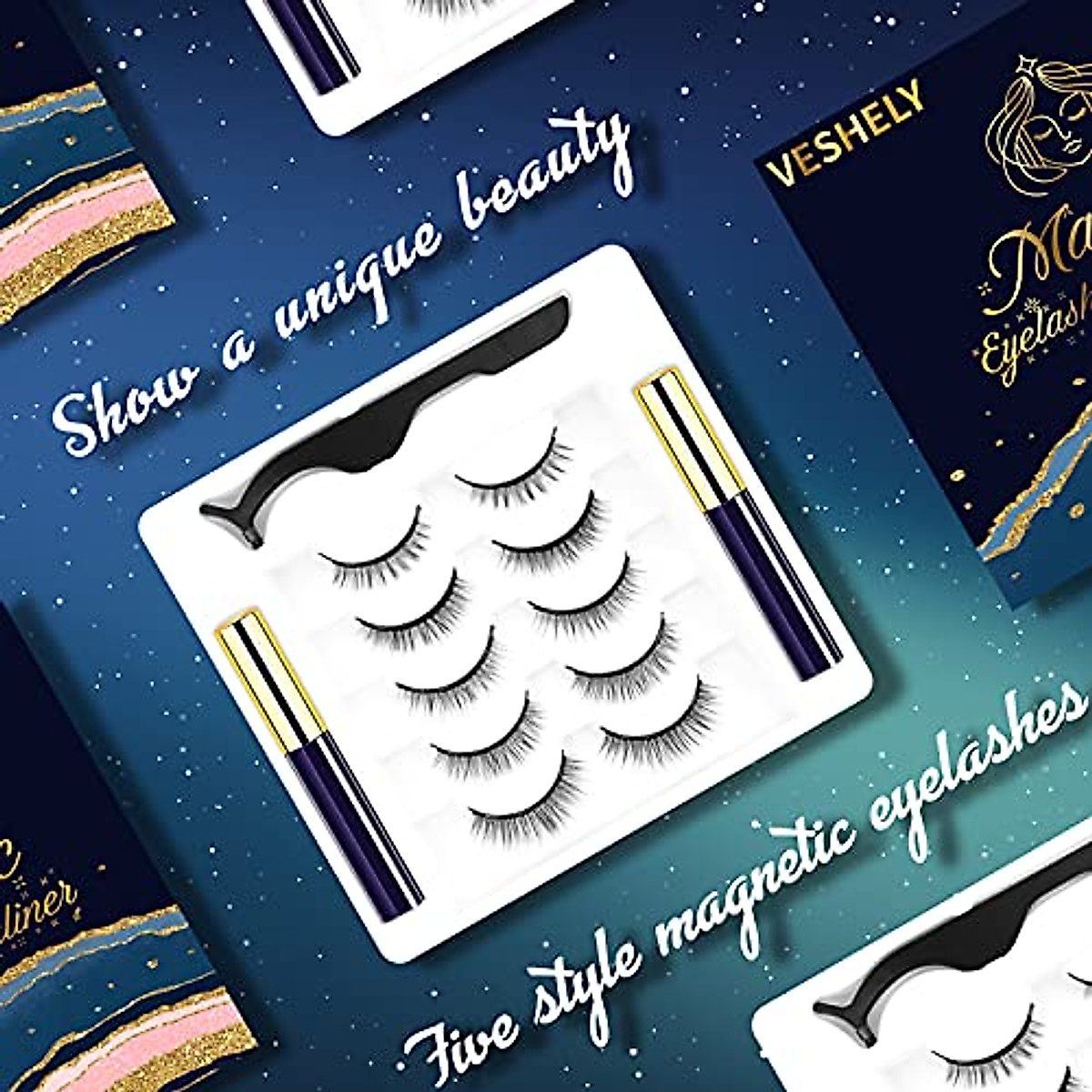 VESHELY Natural Magnetic Eyelashes with Eyeliner Kit,5 Pairs Short Small Magnetic Eyelashes Natural Look and 2 Tubes Magnetic Eyeliner Waterproof,3D False Fake Lashes Magnetic Reusable-No Glue Needed