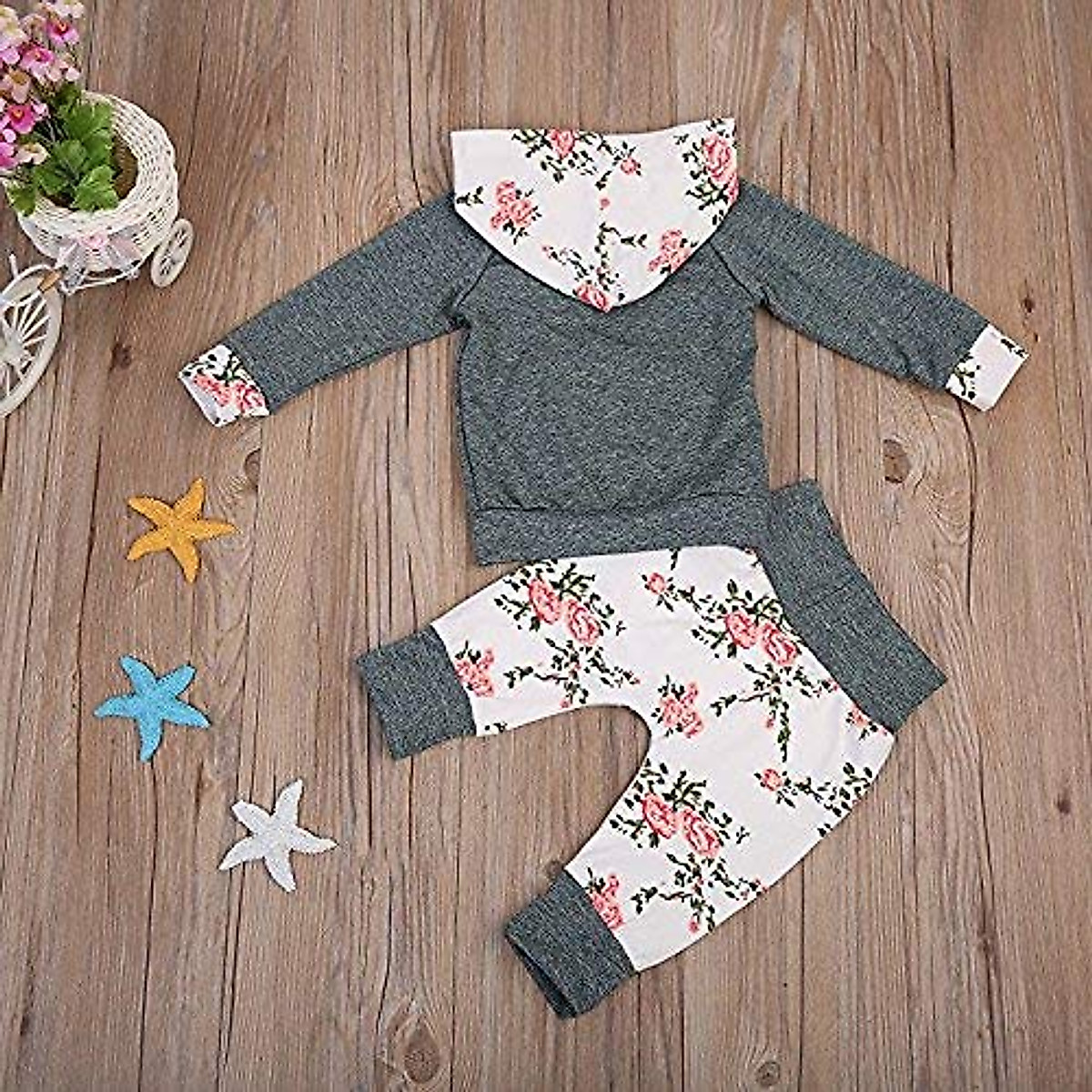 Baby Girls Long Sleeve Flowers Hoodie Top and Pants Outfit with Kangaroo Pocket (12-18 Months, A)