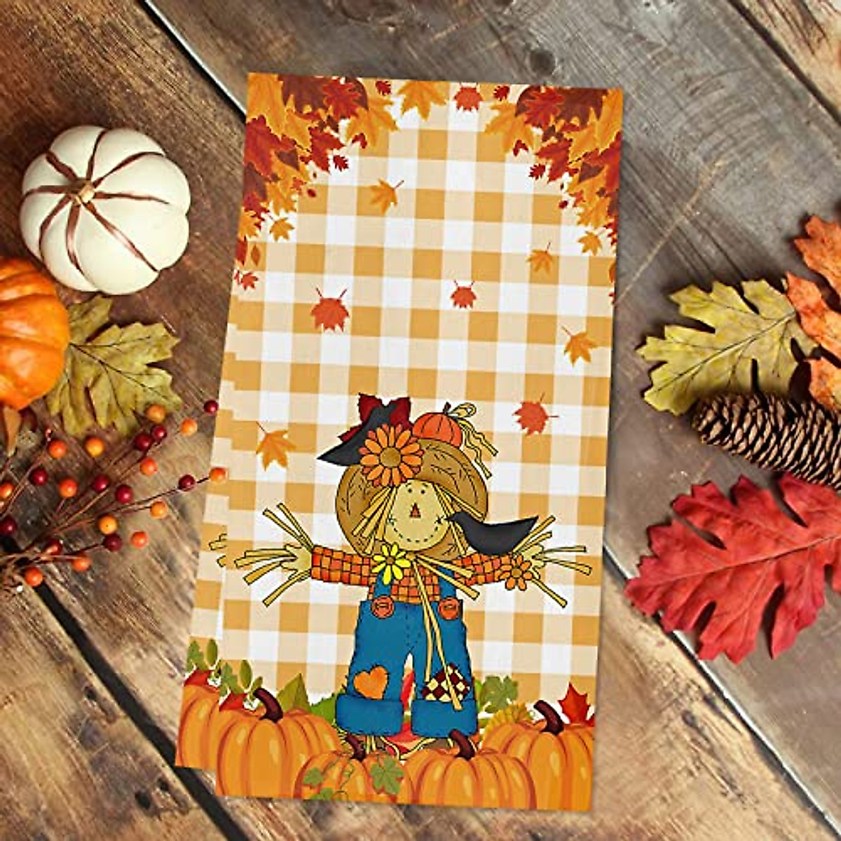 Kitchen Towels Reversible for Drying Dishes, Thanksgiving Scarecrow Maple Leaf Fall Pumpkin Set of 2 Dishcloths Cotton Hand Towels, Absorbent Dish Towels for Kitchen Counter Tea Towels 18"x 28"