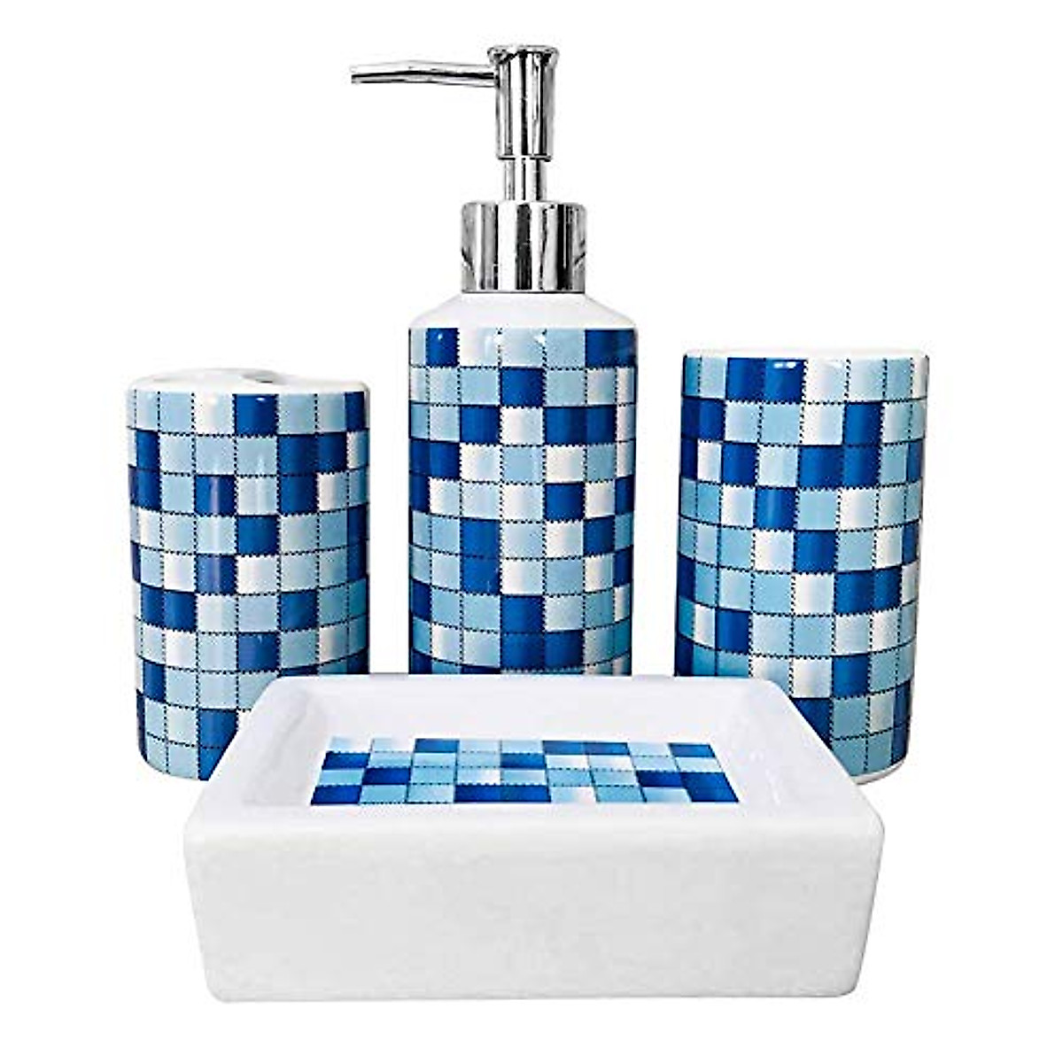 AUANIYAN Ceramic Bathroom Accessories Set, 4 Pieces Modern Design Bath Set Soap Dispenser,Toothbrush Holder, Tumbler,Soap Dish（Blue Mosaic）