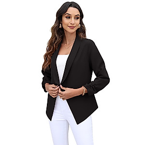 GRECERELLE Women's Blazer Suit Open Front Cardigan 3/4 Sleeve Fitted Jacket Casual Office Cropped Blazer Black-16