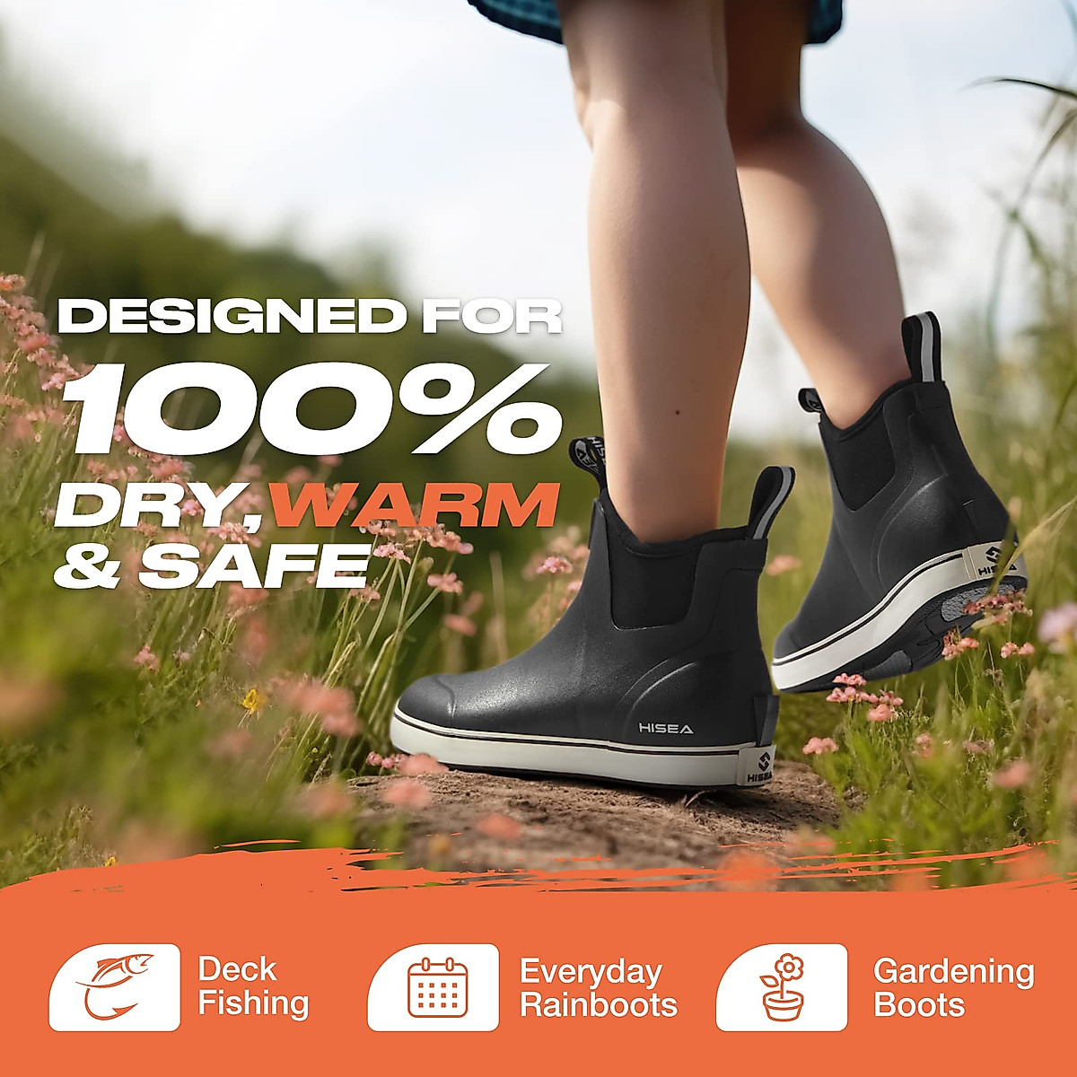 HISEA Women's Ankle Rain Boots, Rubber Fishing Deck Boots, Garden Boots for Women Waterproof, Black Size 8