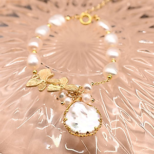 ELEXIS 18K Gold Dainty Baroque Pearl Bracelet For Women Wedding Handmade Originals Trendy Casual Freshwater Pearls Leaf Bracelet For Girls Gift Engaged Comfy Bridesmaid Hanging Jewelry