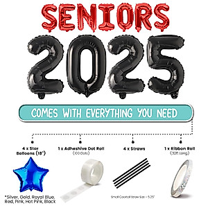 Seniors 2025 Balloons with 4 Star Balloons - High School College Seniors Decorations Balloons - 2024 Seniors Banner for Graduation Party Decor Foil Letter Balloons with Ribbon, Straws & Adhesive Dots