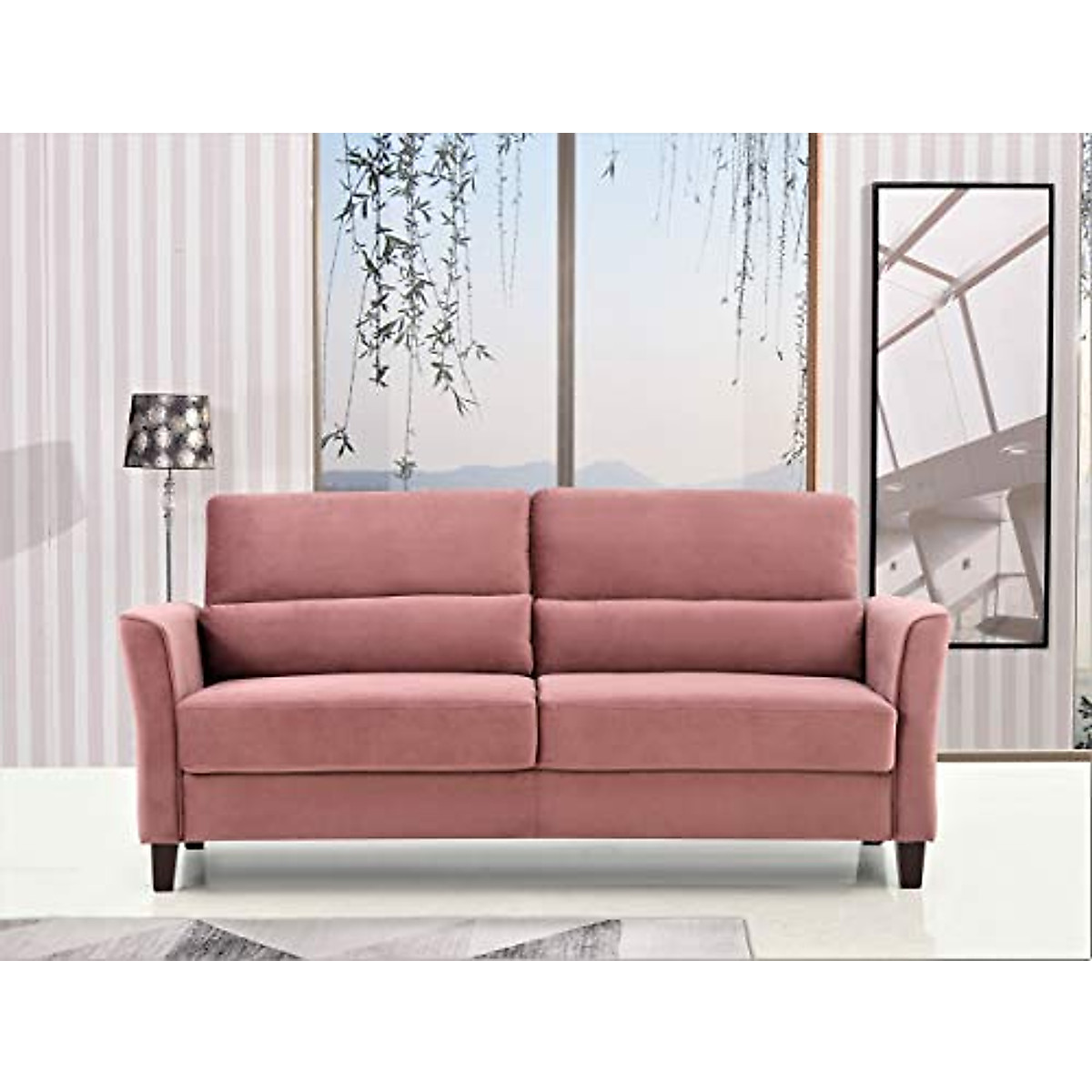 Container Furniture Direct Stoughton Mid Century Modern Upholstered Sloped Arms Living Room, Sofa, Natural Pink