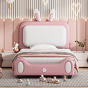 Harper & Bright Designs Kids Twin Upholstered Princess Bed with Rabbit-Shaped Headboard, Cute Twin Size Platform Bed Frame, No Box Spring Needed (White+Pink)