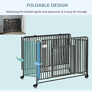 PawHut Foldable Heavy Duty Dog Cage, Chew Proof Dog Crate on Wheels, Portable Dog Crate Kennel with Removable Tray, Large and Medium Pups, 43"
