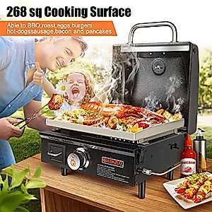 QuliMetal Portable Griddle Flat Top Grill 17 Inch Table Top Grill with Hood Propane Grill with Carry Bag Outdoor Griddle Camping Griddle 15,000 BTU Burner 268 Sq 304 Stainless Steel for Party Tailgating Black