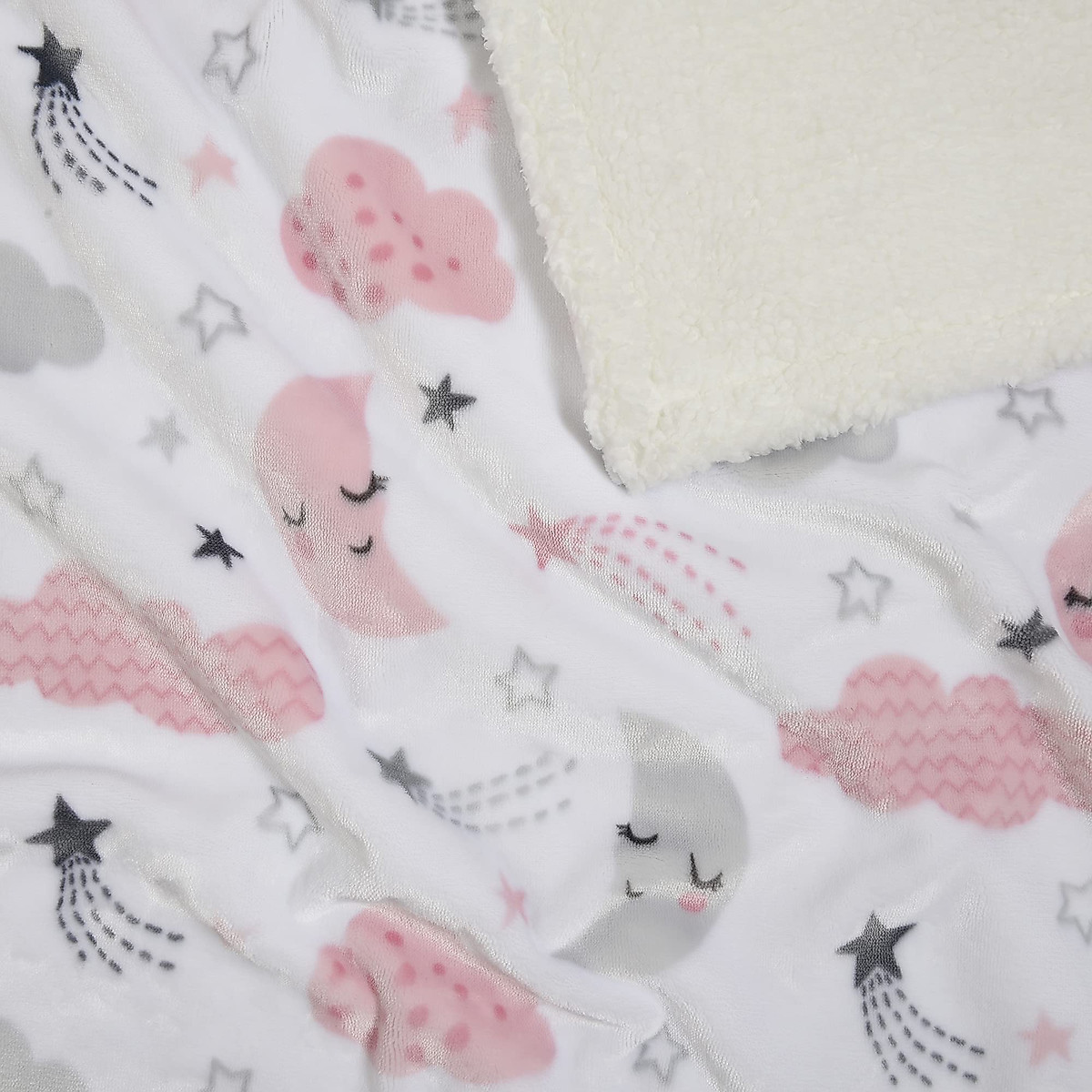 Life Comfort Ultimate Sherpa Baby Blanket, Fluffy Pink and Grey Cloud and Moon Premium Blanket for Baby Girl, Soft Warm Cozy Toddler, Infant or Newborn Blanket for Crib, Stroller, Travel, Nursery