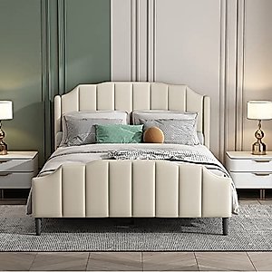 Queen Size Upholstered Bed with Headboard and Footboard, Wood Queen Platform Bed Frame for Bedroom, Velvet Fabric, No Box Spring Needed (Queen, Beige)