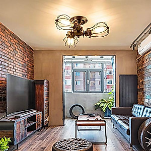 GLADFRESIT Vintage Ceiling Light 3 lights Adjustable Socket Rustic Lamp, Metal Cage Semi-Flush Mount Industrial Ceiling Light Indoor Home Retro Chandeliers Lighting Fixture